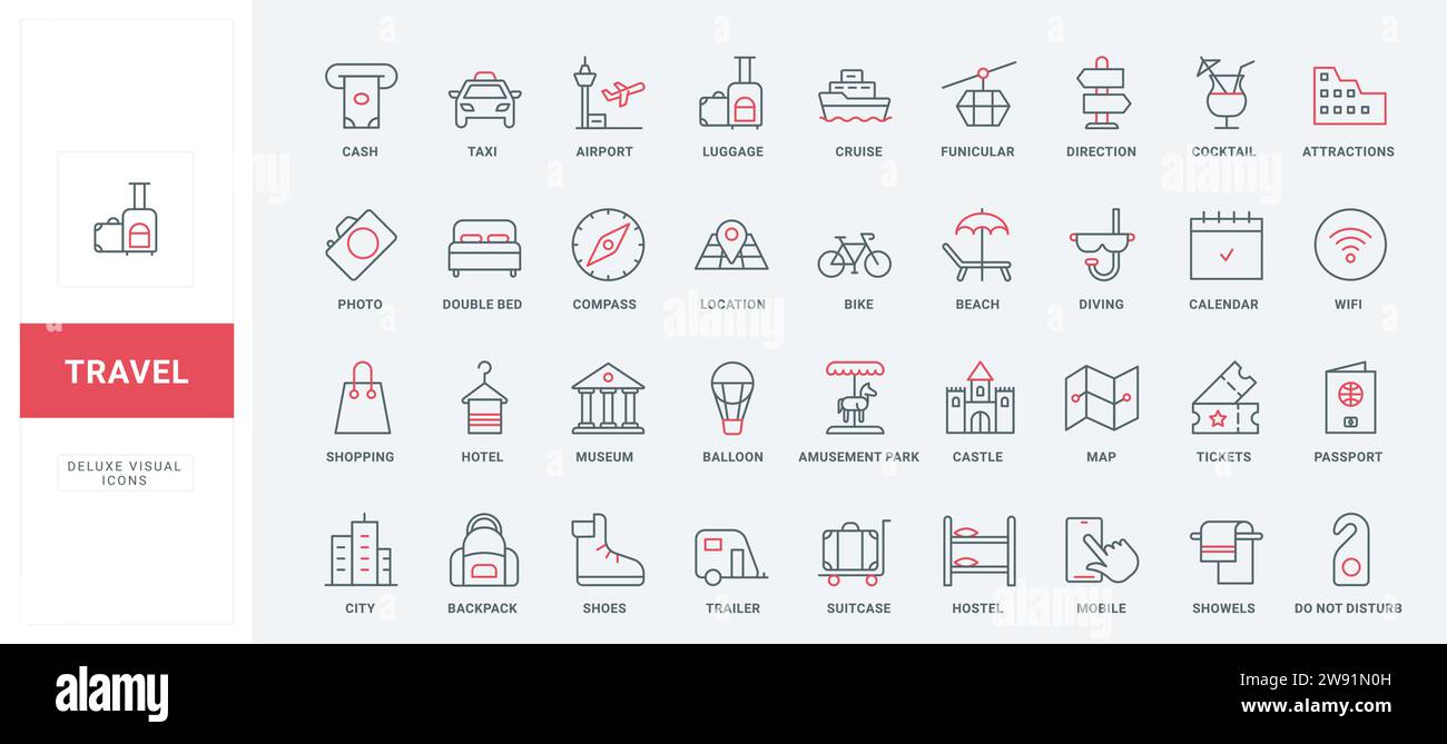 Travel destination of summer vacation, hotel service line icons set ...