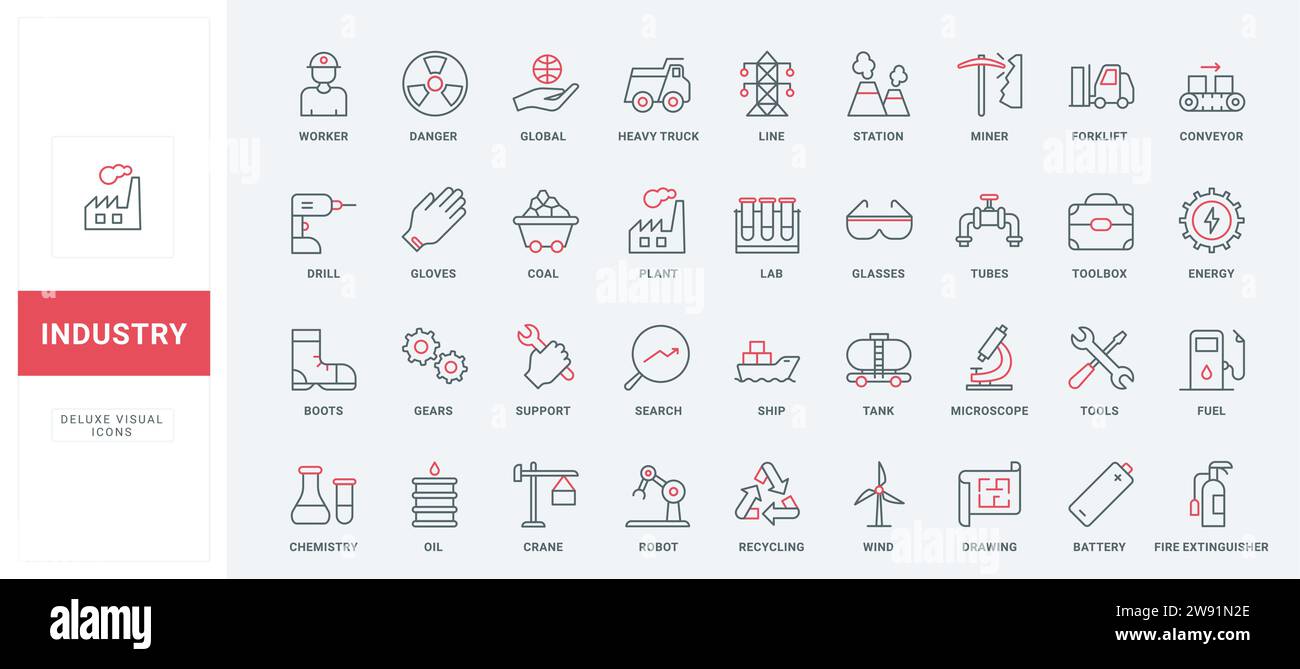 Industry, labor inspection thin black and red line icons set vector ...