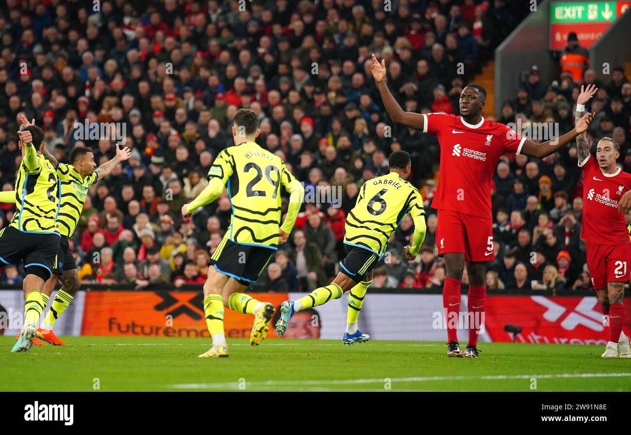 Arsenal's Gabriel (centre) celebrates scoring their side's first goal ...