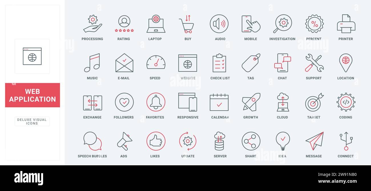 Web app thin black and red line icons set vector illustration. Outline applications with ...
