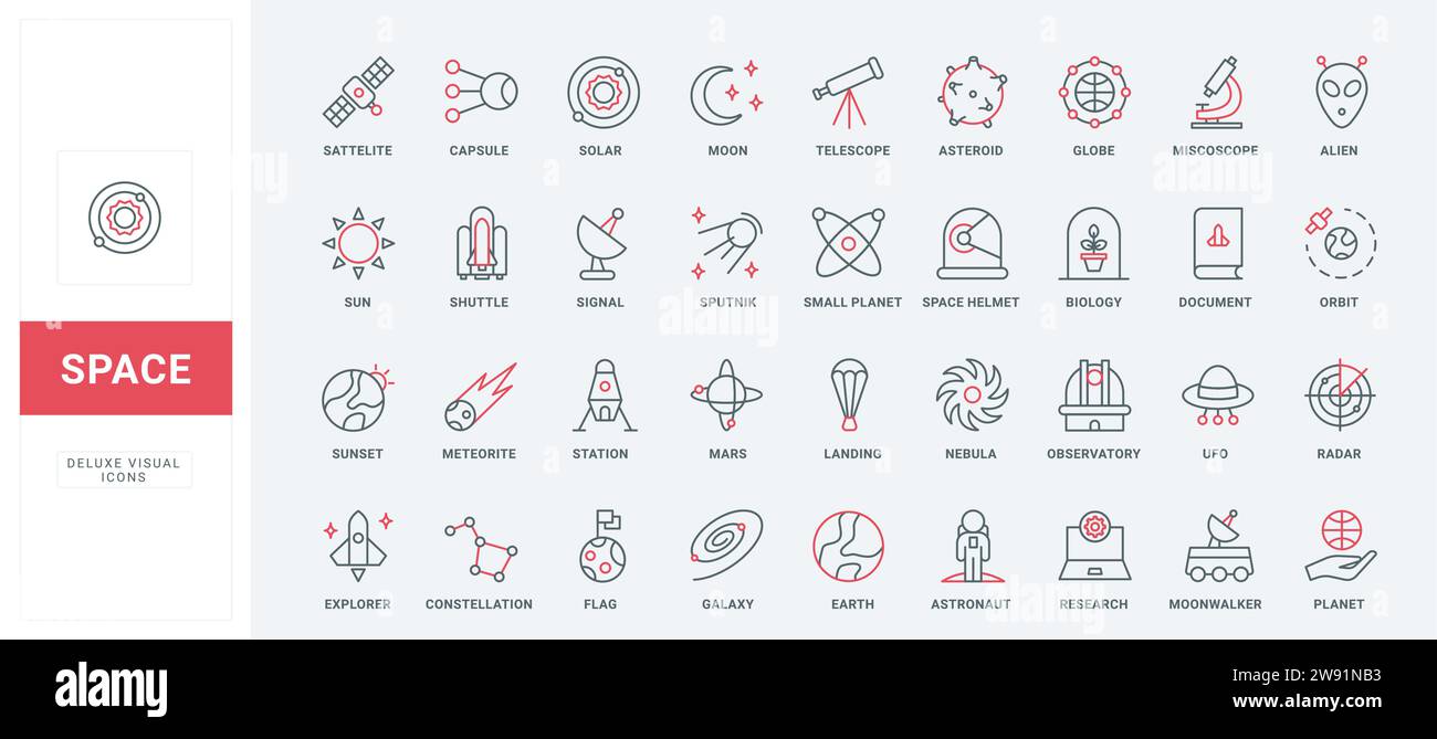Space research thin black and red line icons set vector illustration ...