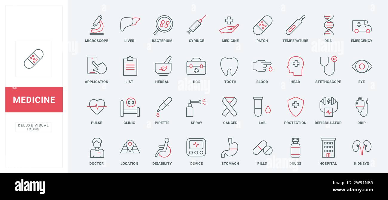Medicine thin black and red line icons set vector illustration. Outline ...