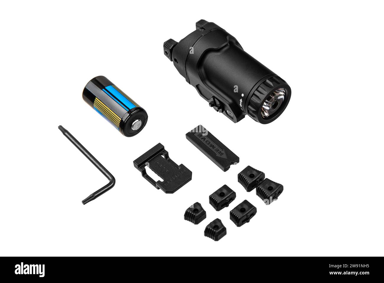 Modern LED flashlight with weapon mount. Underbarrel tactical ...