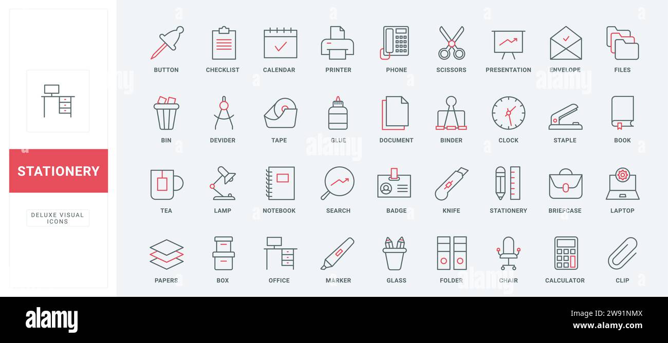 Office stationery thin black and red line icons set vector illustration ...
