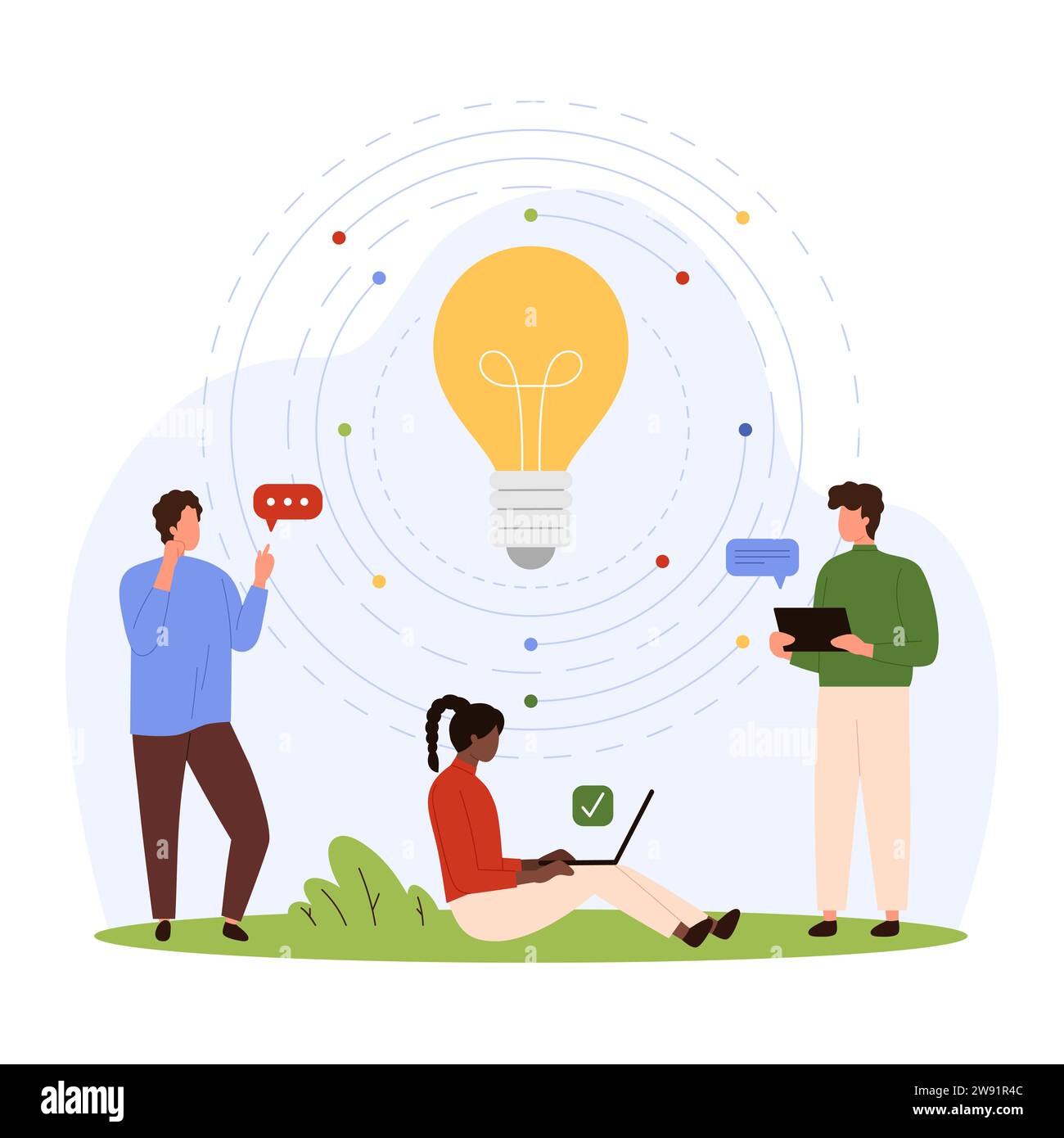Creative idea generation vector illustration. Cartoon tiny people look ...