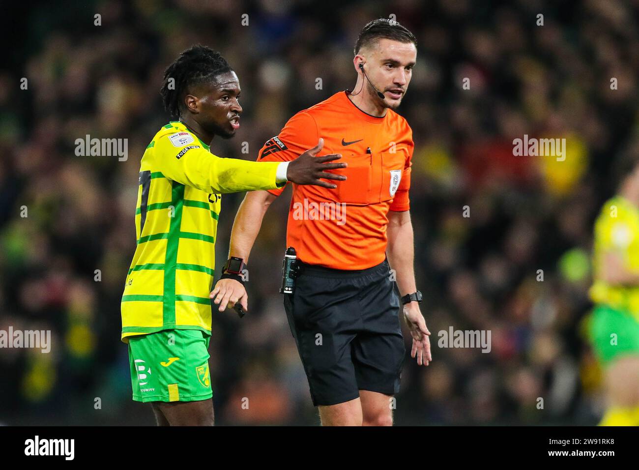 Norwich City's Jonathan Rowe protests against a decision made by ...