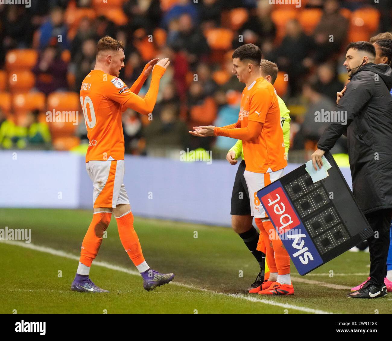 Albie Morgan #8 of Blackpool replaces Sonny Carey #10 of Blackpool ...