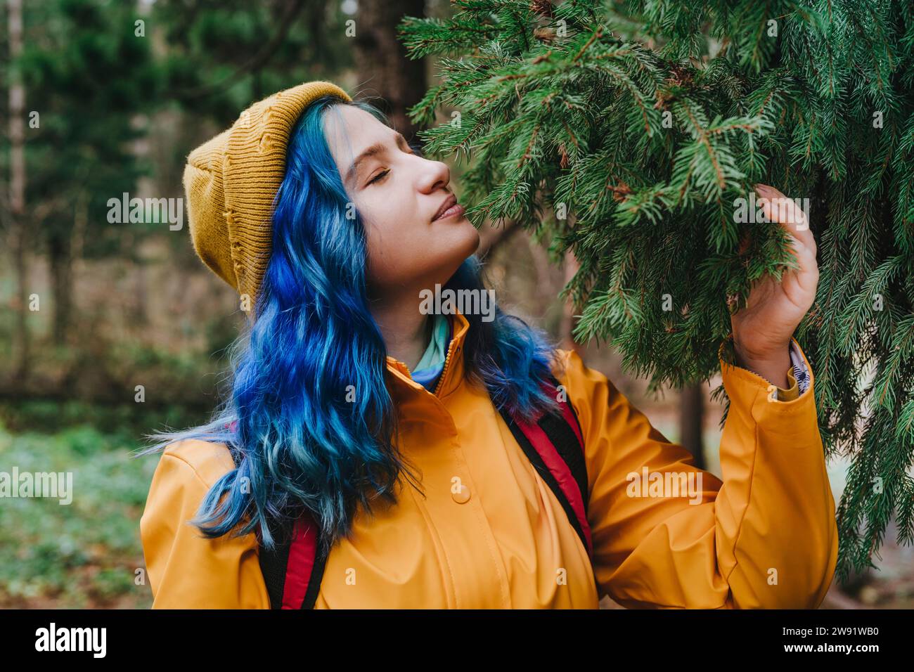 Happy woman smelling branches of tree in forest Stock Photo - Alamy