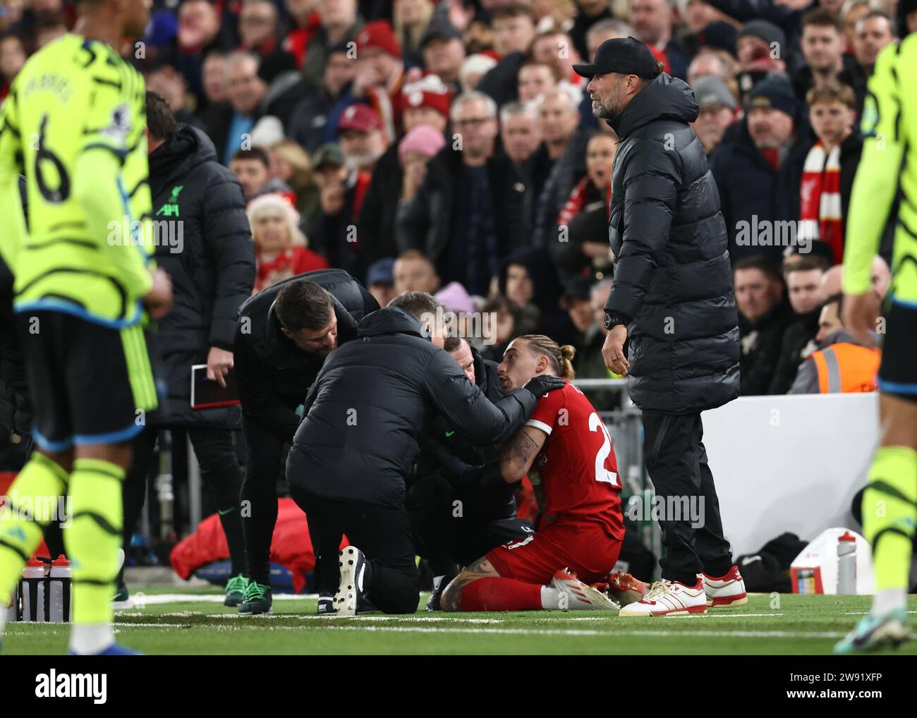 Liverpool, UK. 23rd Dec, 2023. Kostas Tsimikas of Liverpool challenges ...