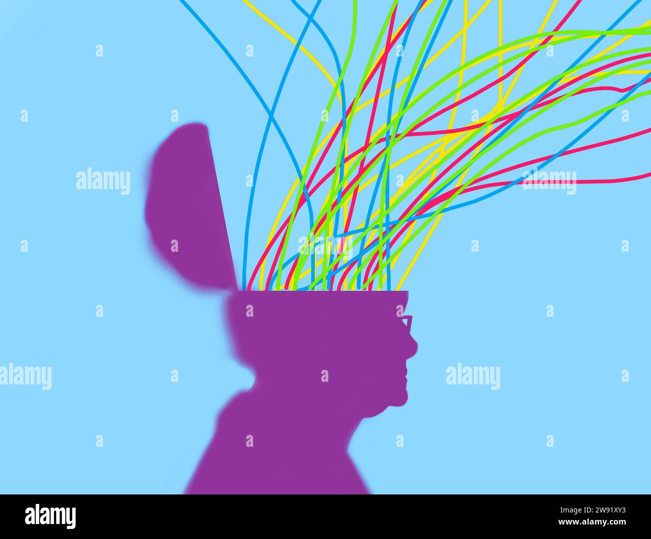 Colorful lines coming out of open head of elderly woman Stock Photo - Alamy
