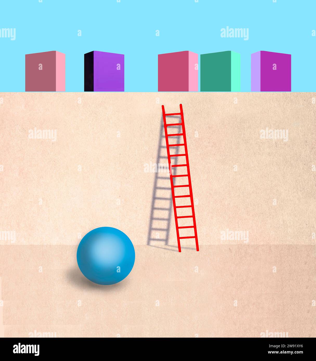 Sphere lying on ground in front of ladder leading to colorful blocks on ...
