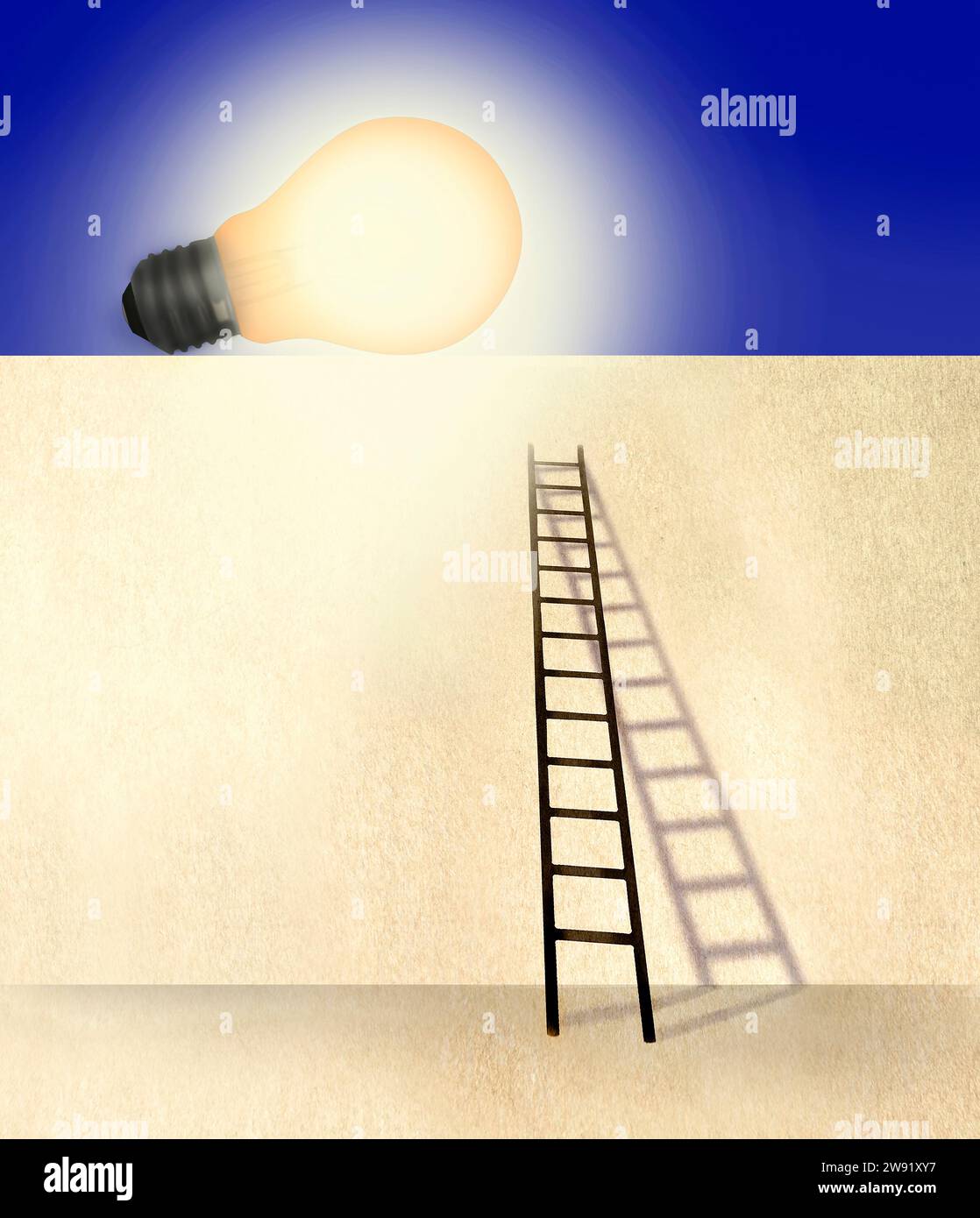 Ladder leading to oversized light bulb lying on top of wall Stock Photo ...