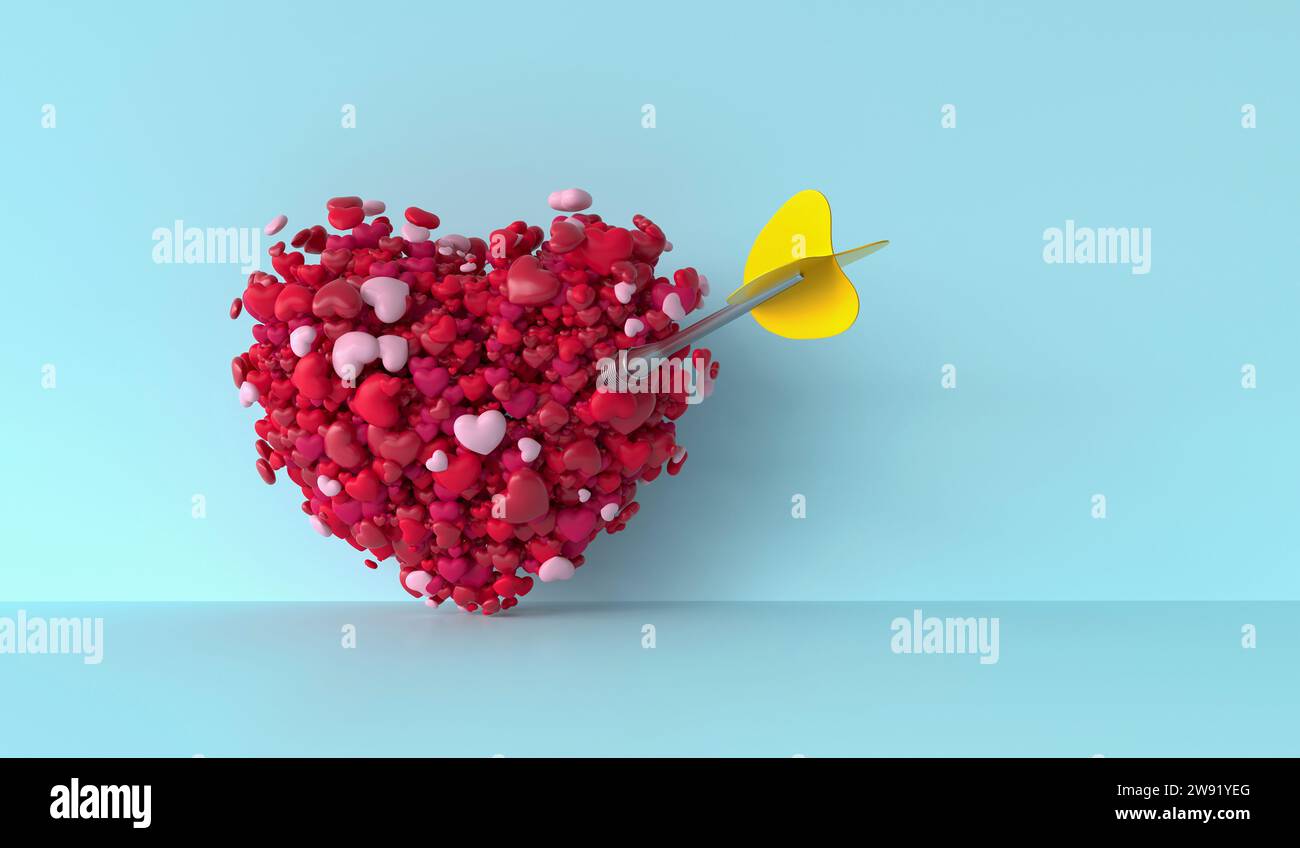 Dart piercing through bunch of hearts against blue background Stock ...