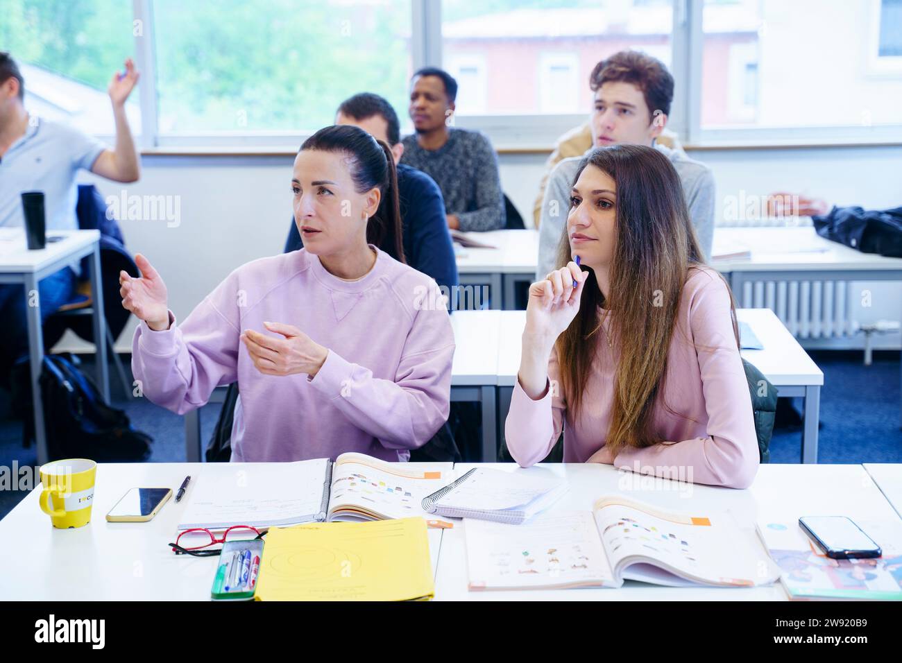 Student gesturing and discussing in lecture at classroom Stock Photo ...