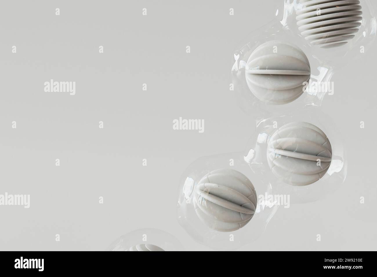 3D render of row of plastic wrapped spheres floating against white ...