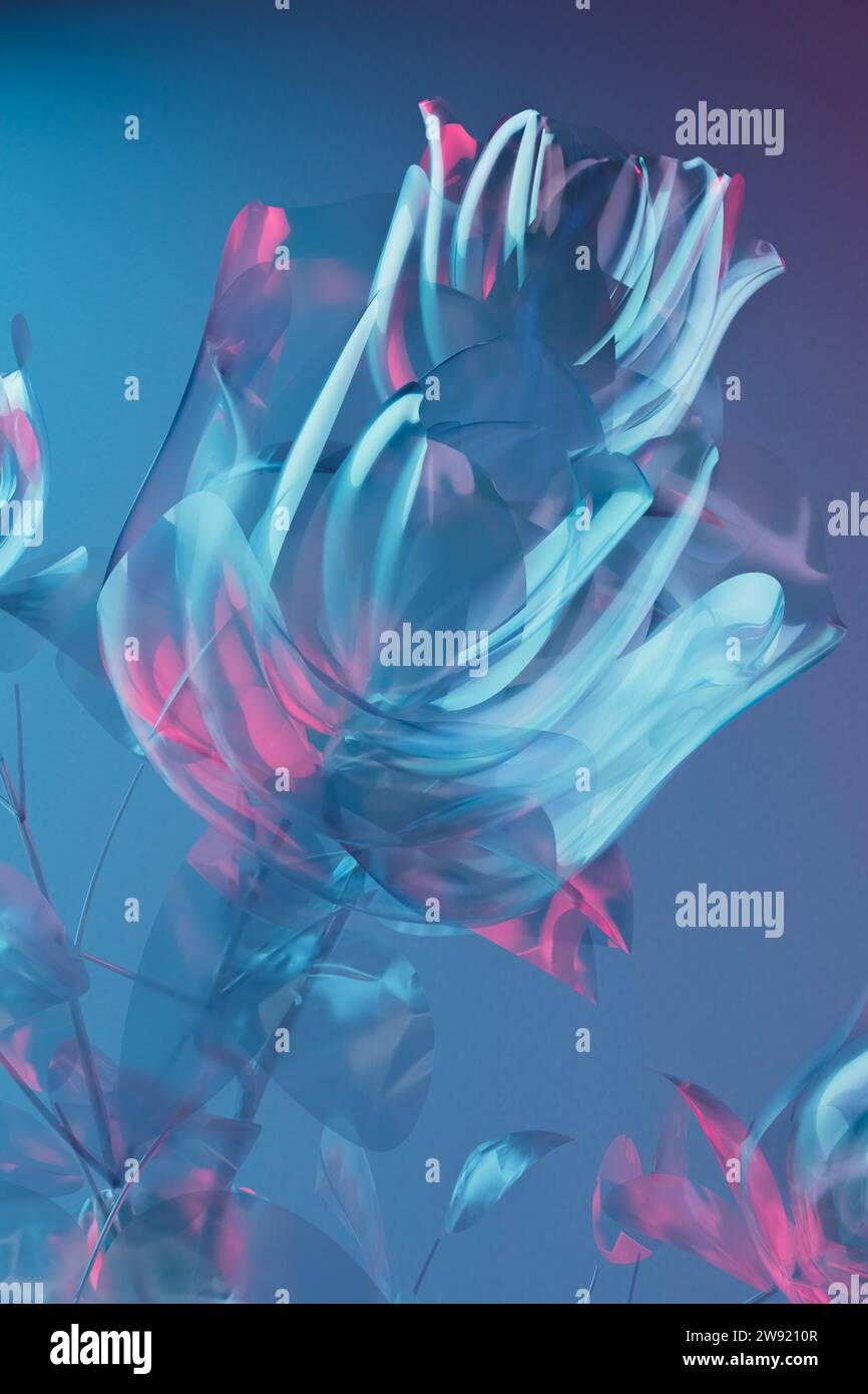 3D render of glass blooming roses against blue background Stock Photo ...