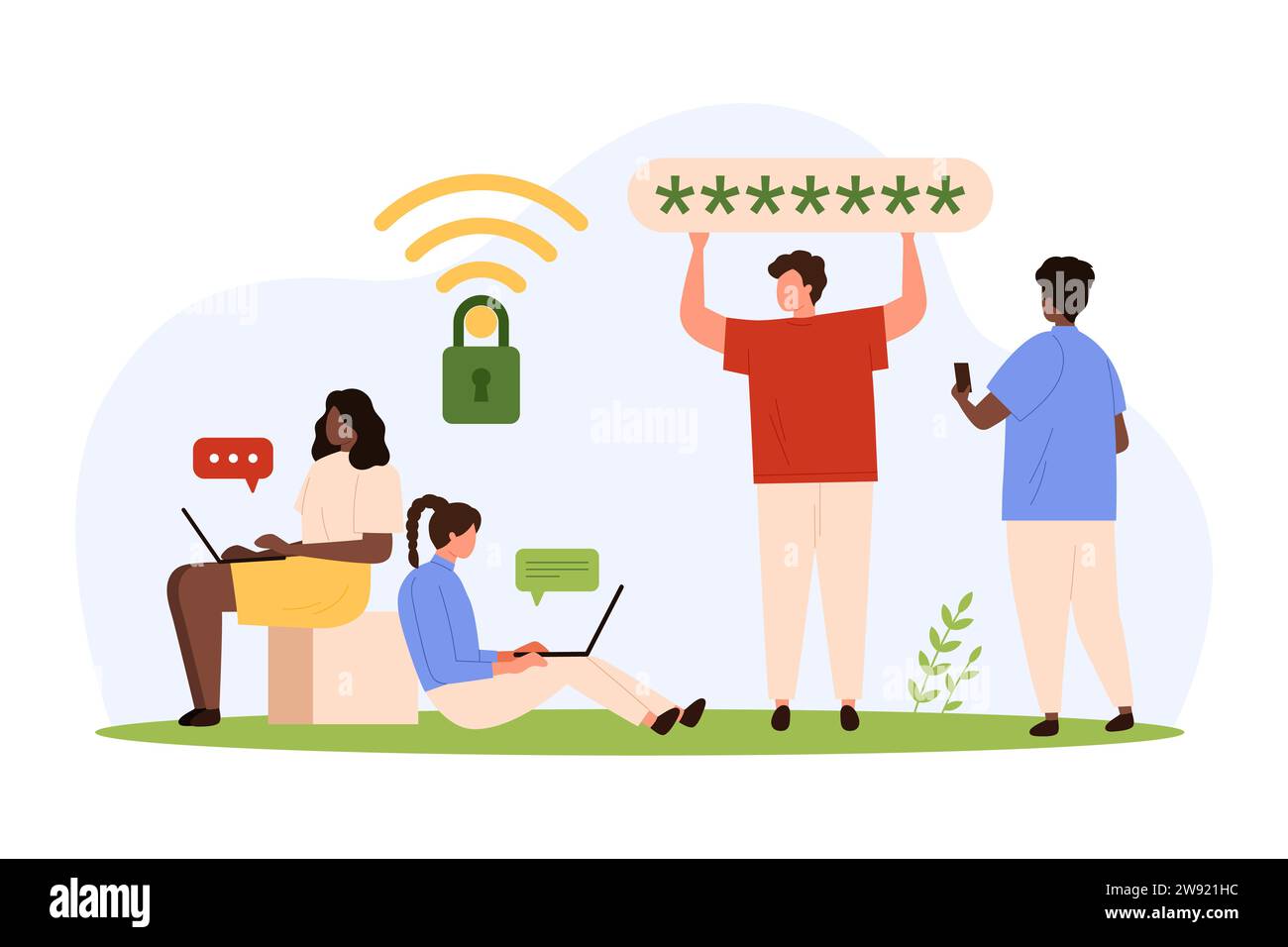 Encryption Of Wifi Access Vector Illustration Cartoon Tiny People Holding Safe Password And Key