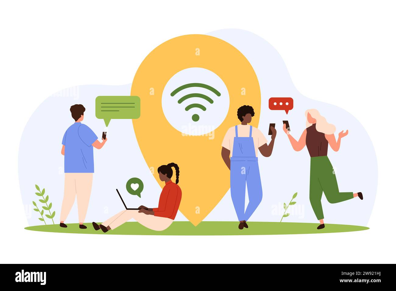 Wifi Hotspot Access Vector Illustration Cartoon Tiny People Surfing