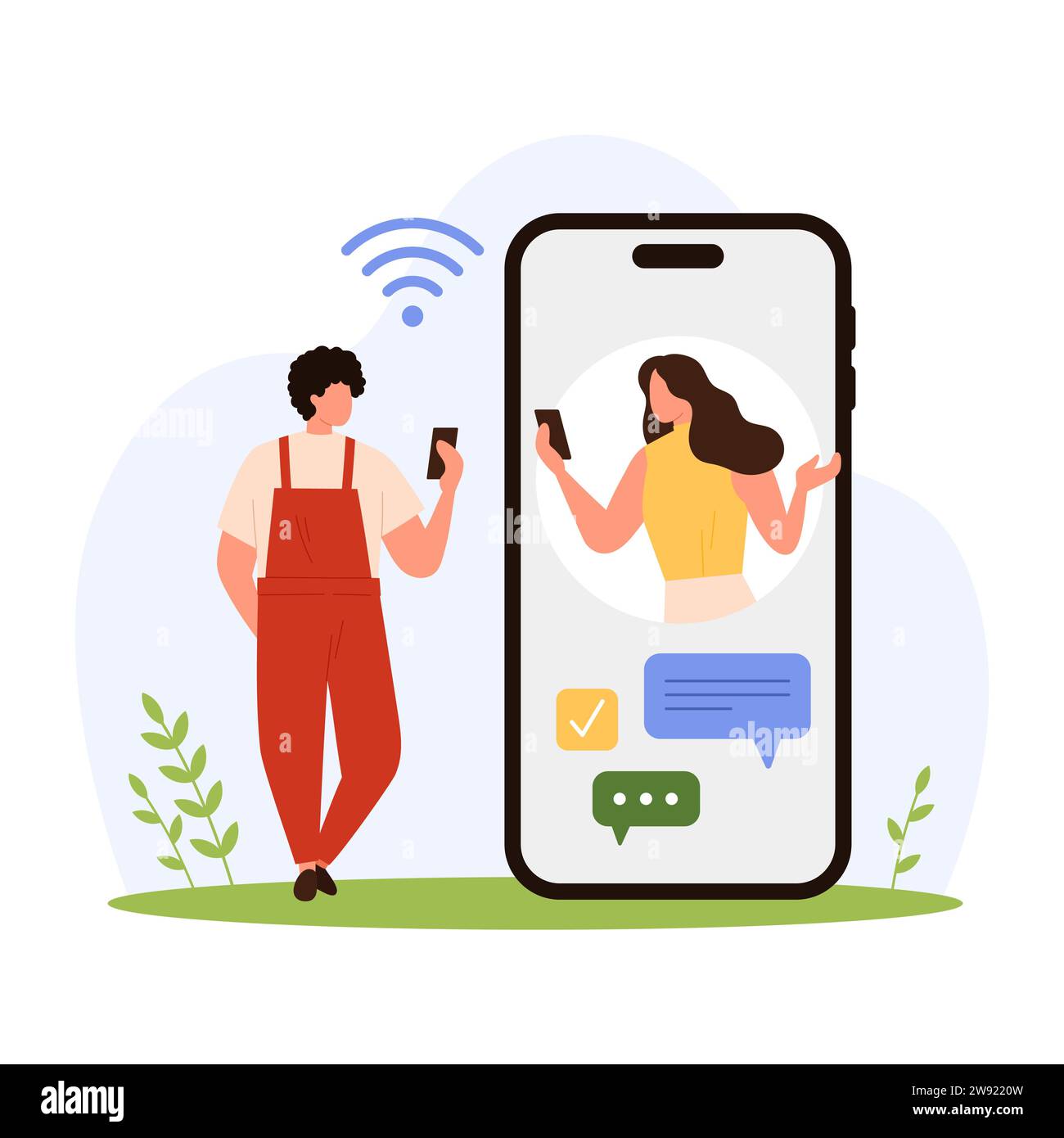 Wifi access for chat on social media vector illustration. Cartoon tiny ...