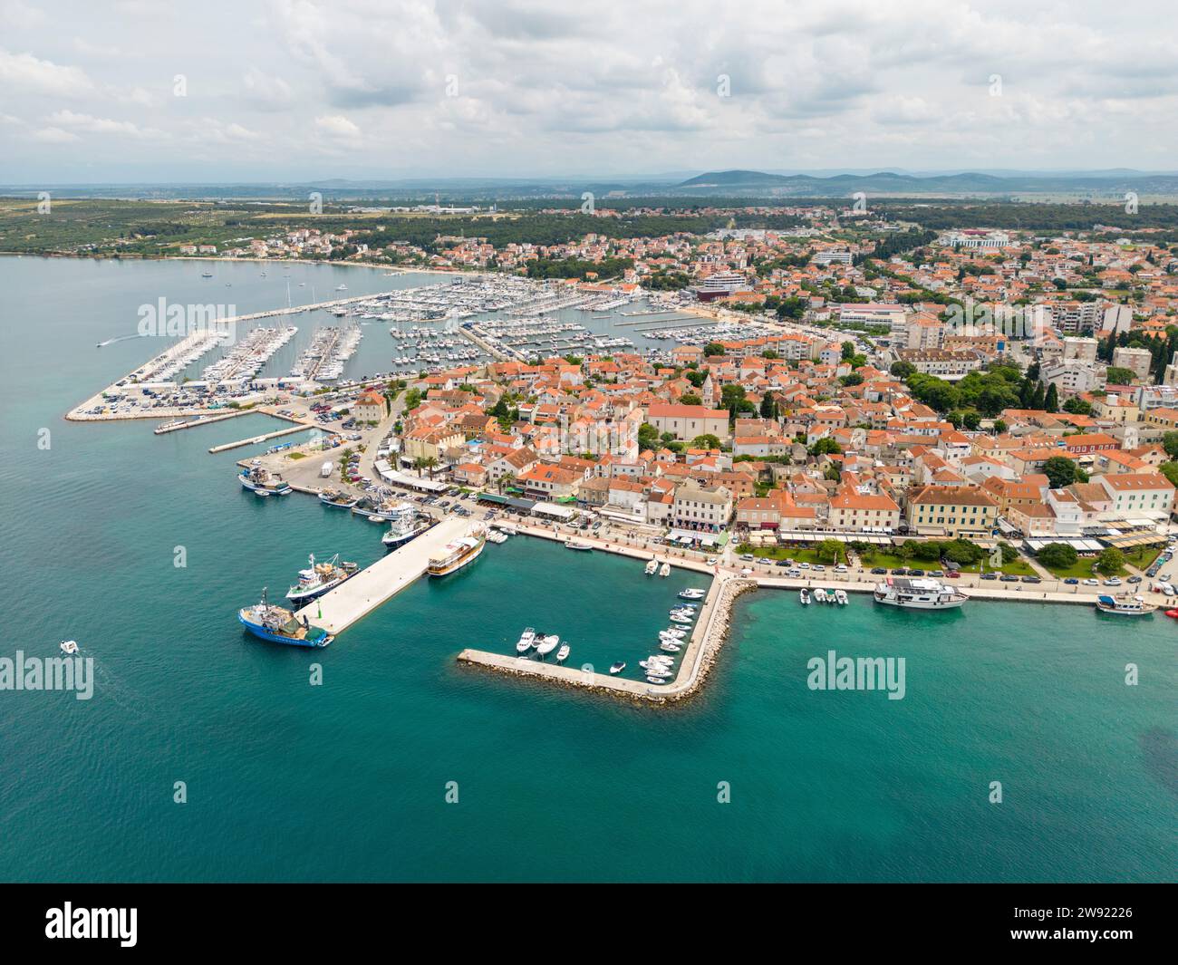 Croatia, Zadar County, Biograd na Moru, Aerial view of coastal town on ...