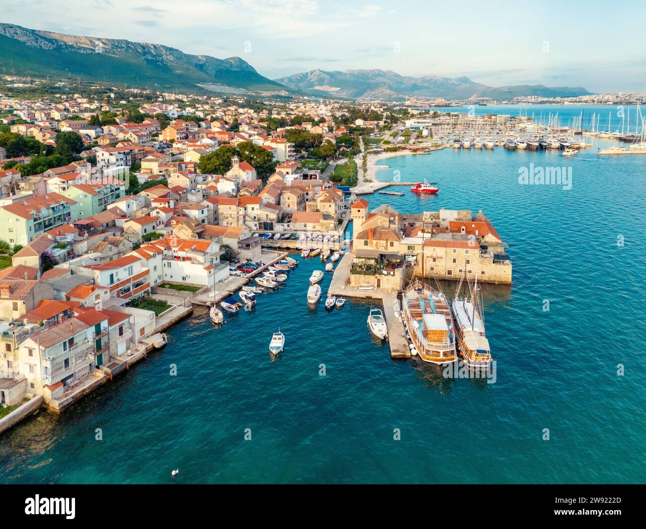 Croatia, Split-Dalmatia County, Kastel Gomilica, Aerial view of Kastilac fort and surrounding ...