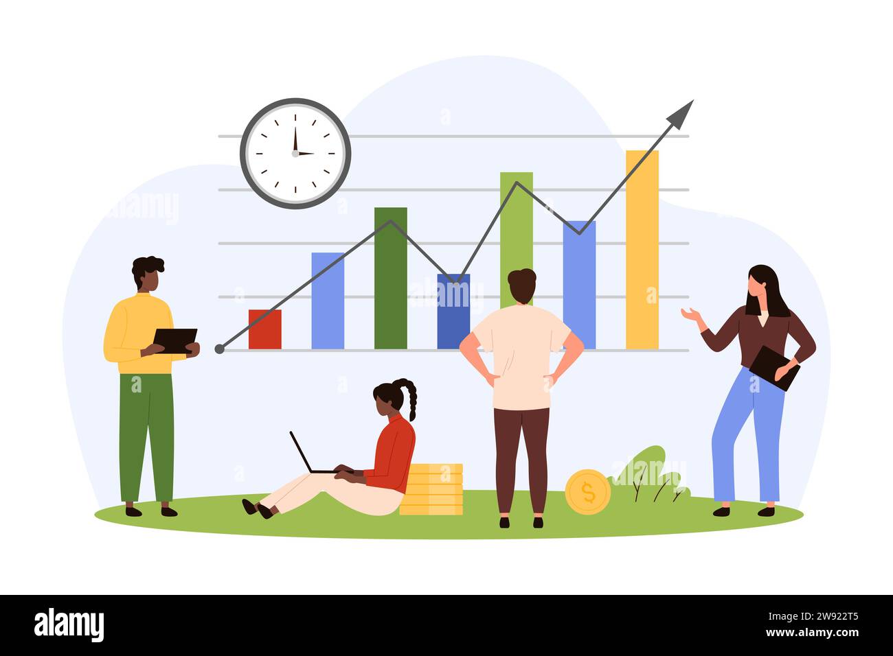 Stock market chart research vector illustration. Cartoon tiny people ...