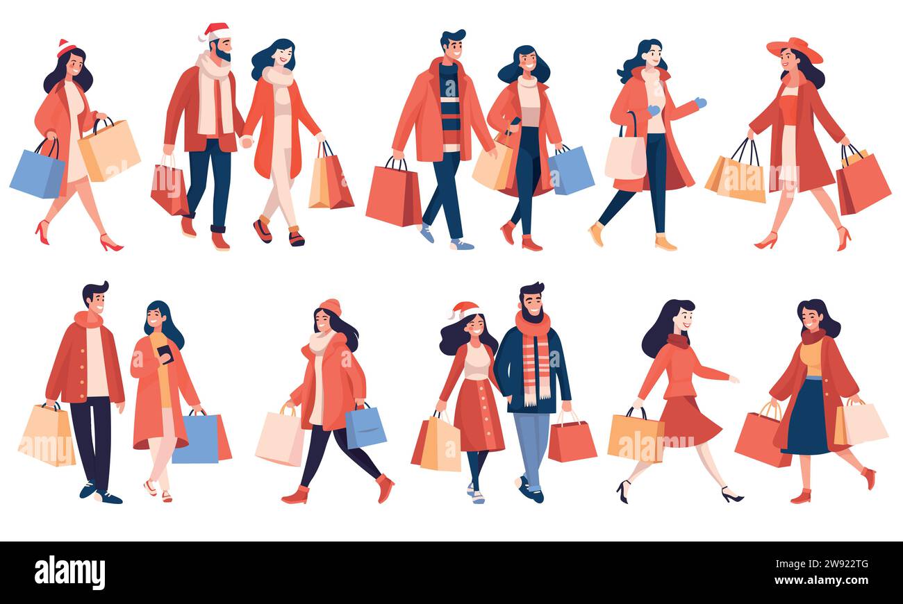 Male and female people carrying shopping bags wearing warm clothes ...