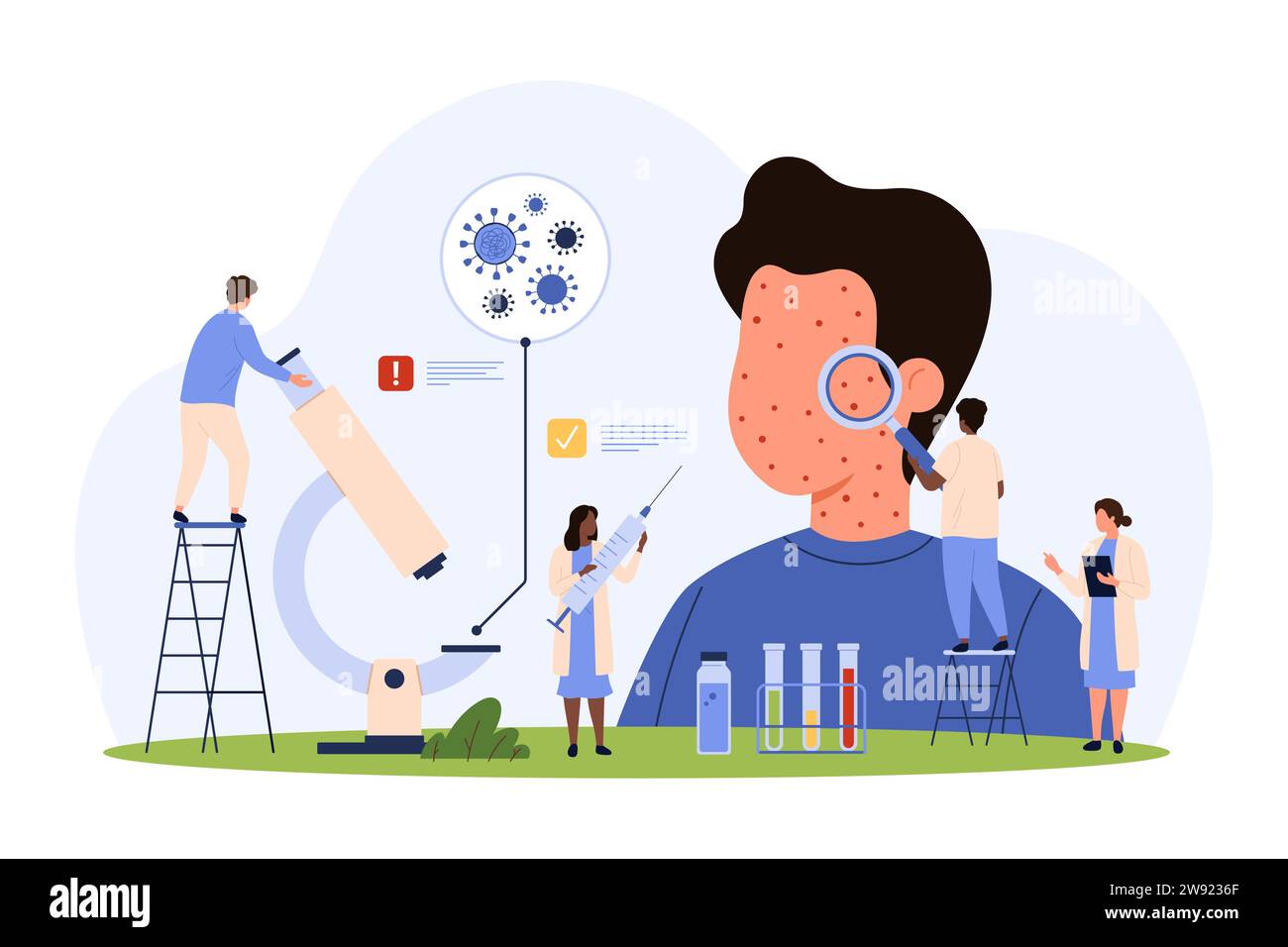 Diagnosis of infectious contagious disease, measles. Tiny people with ...