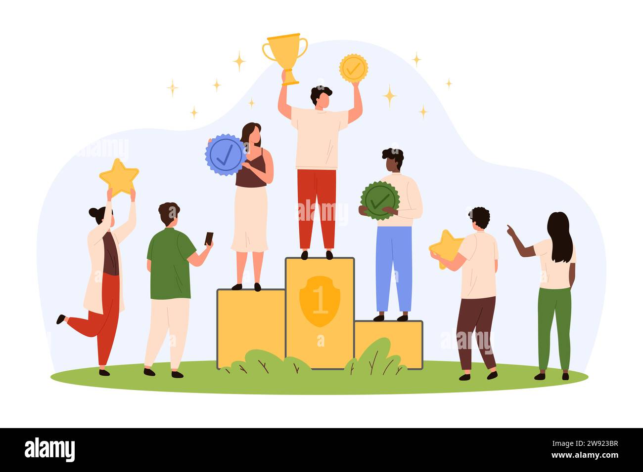 Podium for winners with achievement awards vector illustration. Cartoon ...