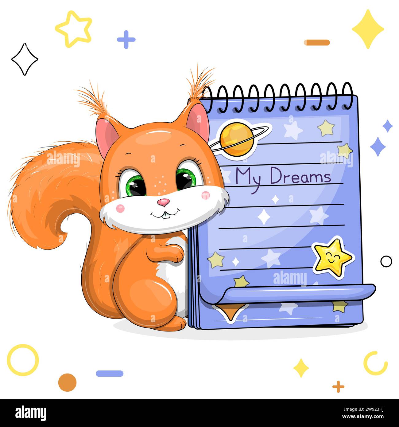 A cute cartoon squirrel and a blue notebook with stickers. Vector ...