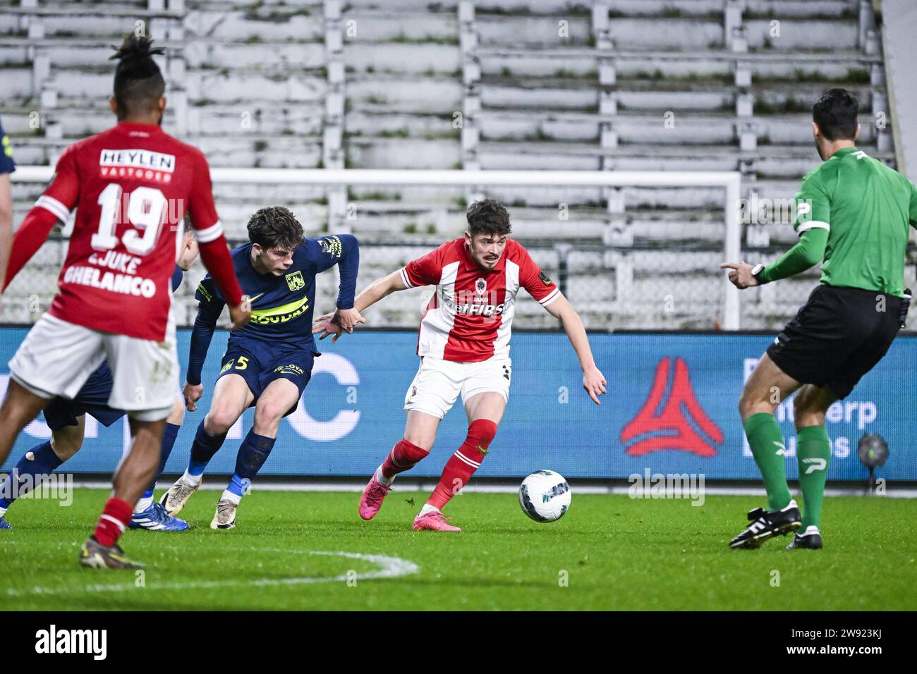 Antwerp, Belgium. 23rd Dec, 2023. Westerlo's Jordan Bos and Antwerp's ...