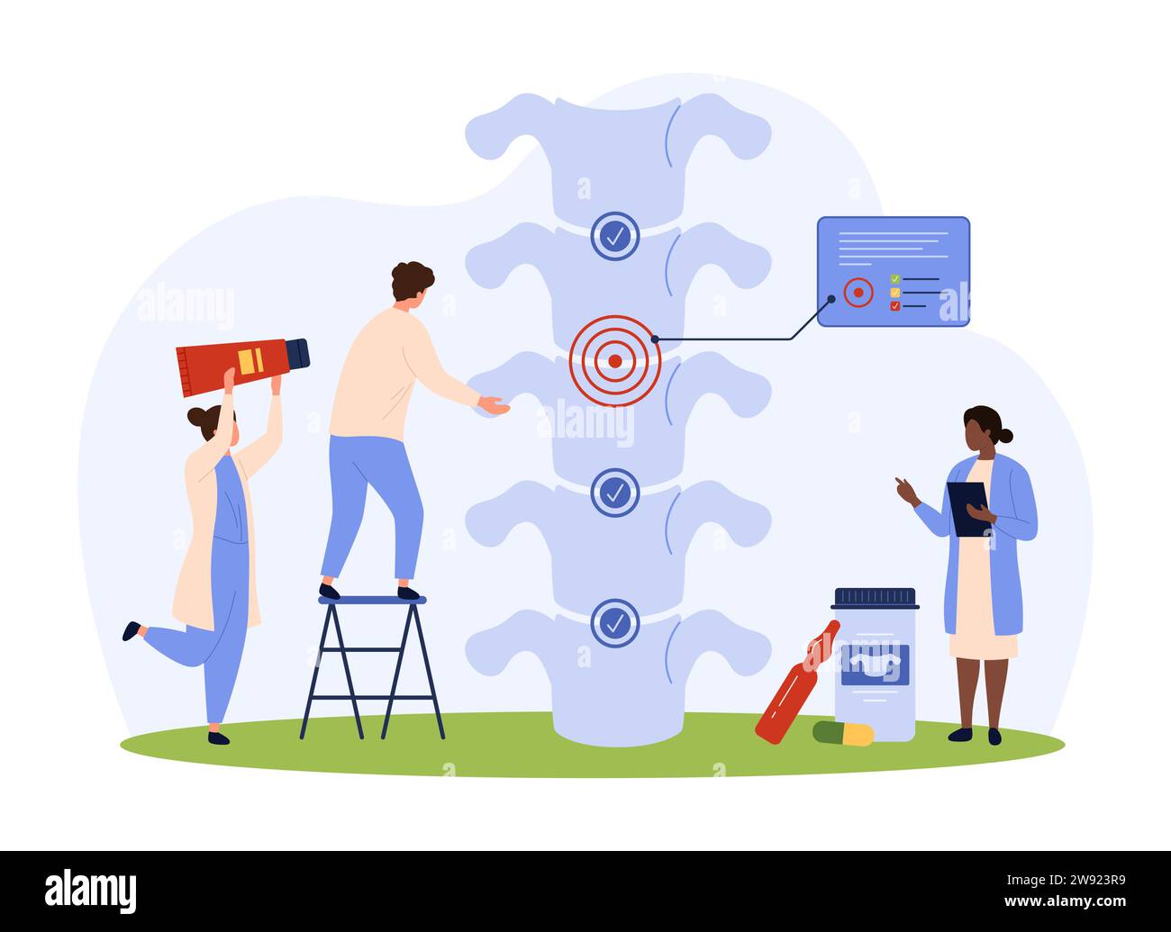 Diagnosis and treatment of back pain symptom vector illustration ...