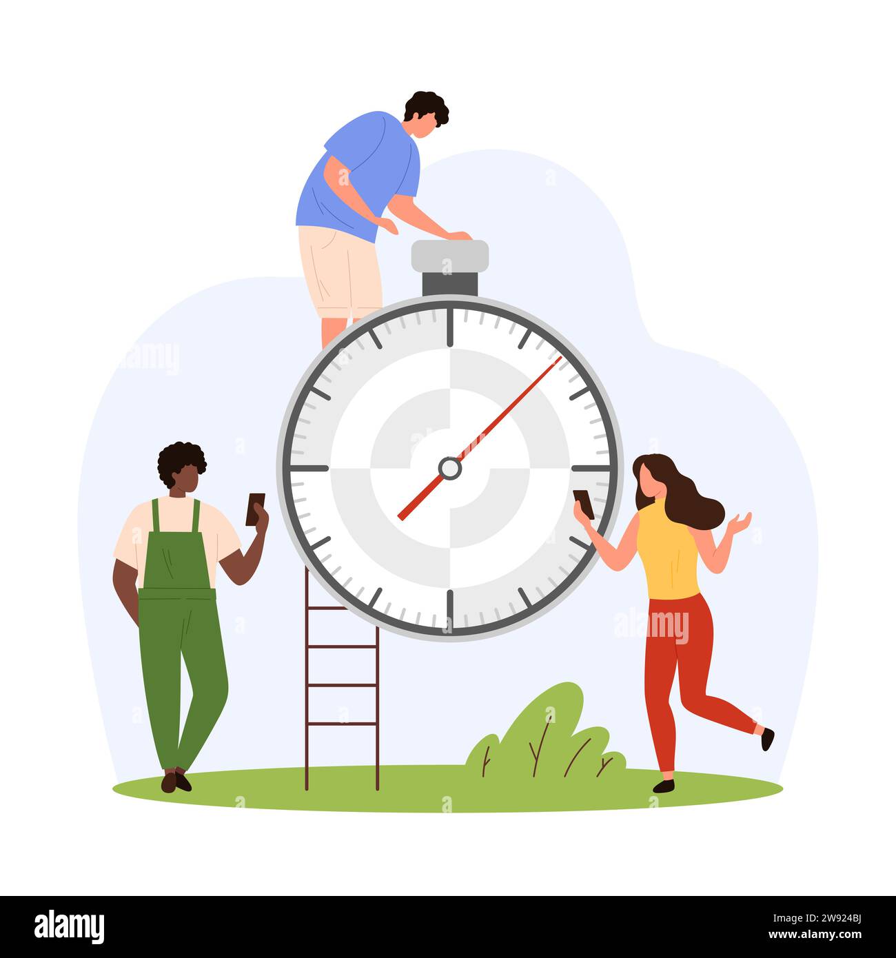 Time management vector illustration. Cartoon tiny people press timer ...