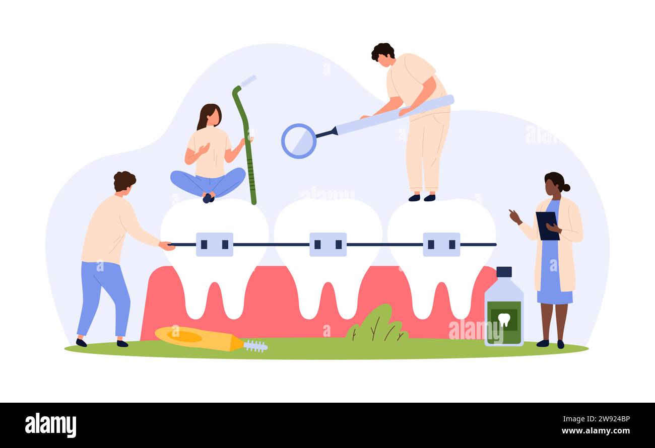 Orthodontic checkup of teeth with braces in dentistry clinic. Tiny ...