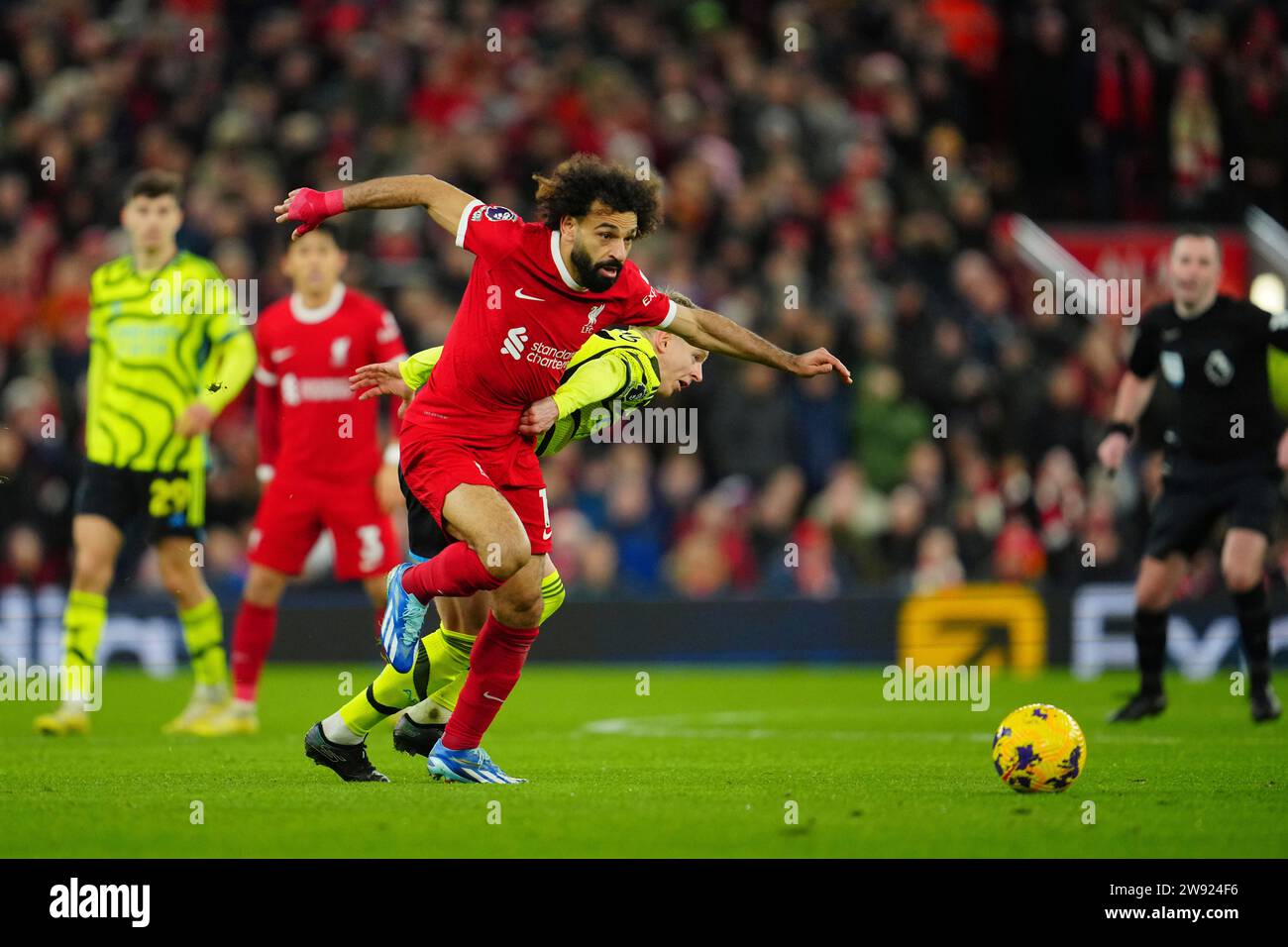 Liverpool's Mohamed Salah, left, and Arsenal's Oleksandr Zinchenko ...