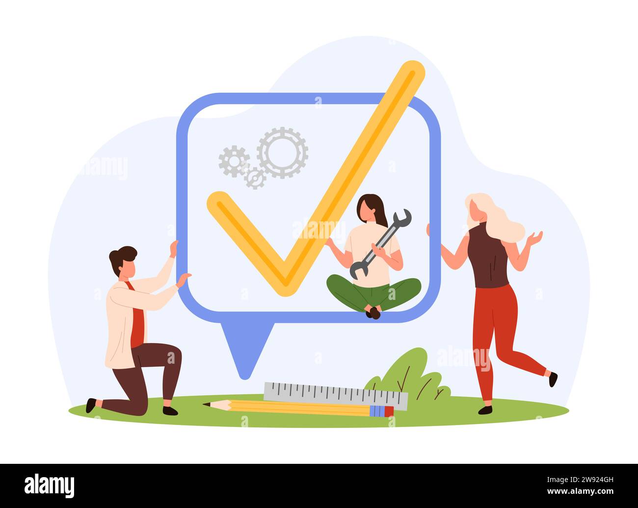 SMS notification, confirmation in popup messages. Tiny people holding ...