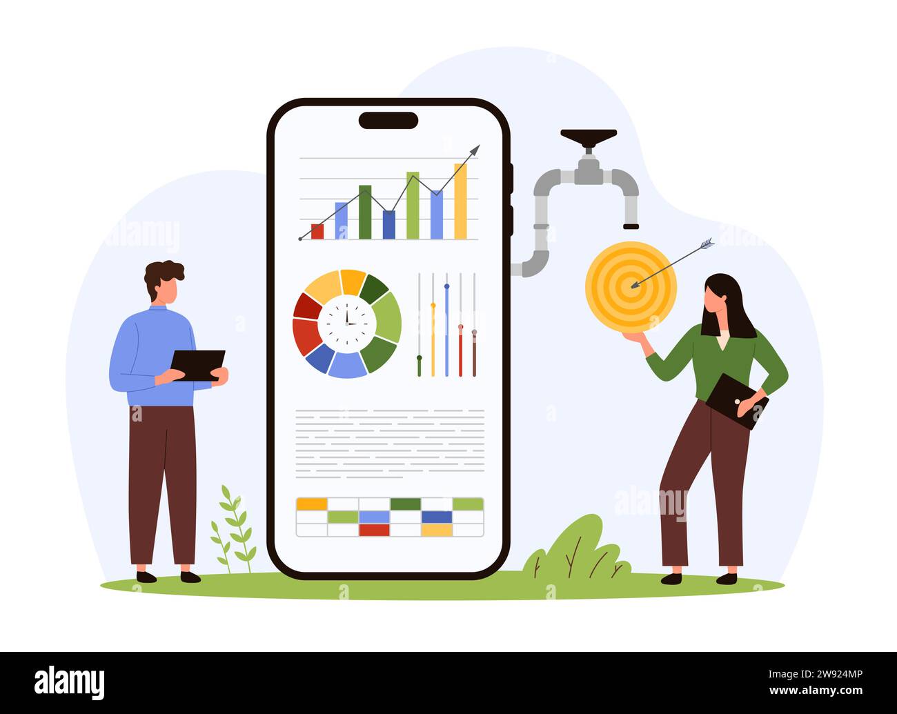 Digital data analysis, financial report assessment in mobile app. Tiny people work with ...