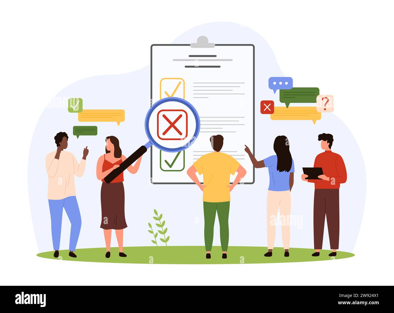 Rejected document, contract. Tiny people holding magnifier to check red ...