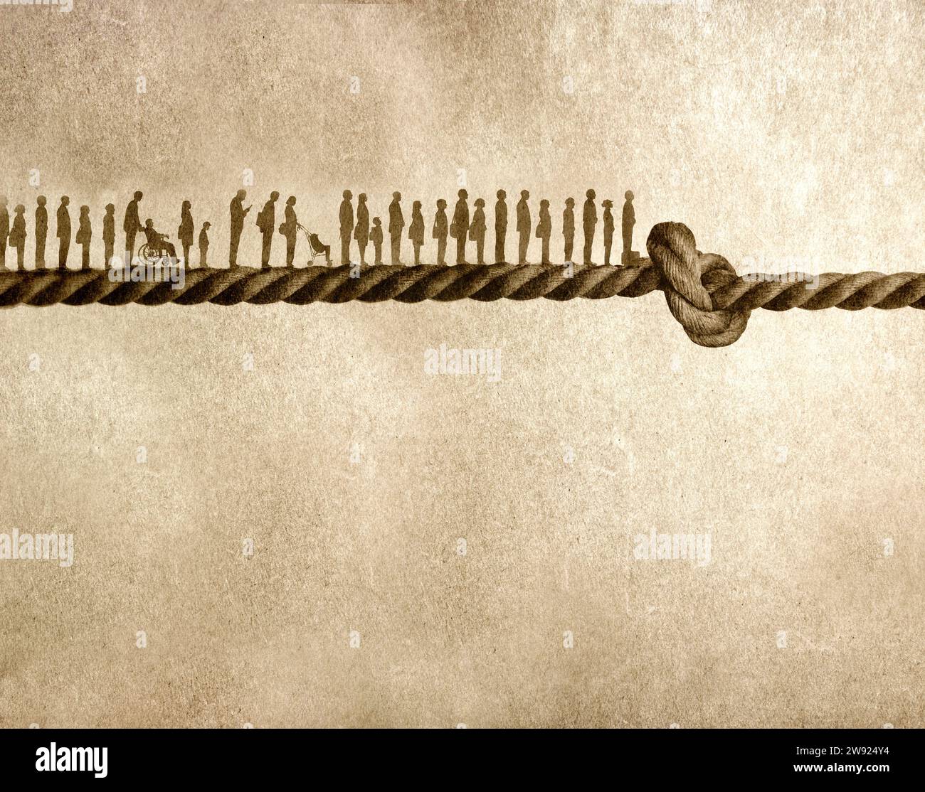 People waiting in line on oversized rope Stock Photo - Alamy