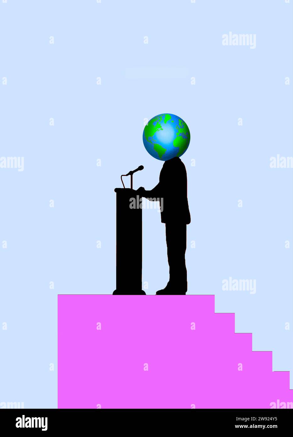 Man with planet Earth instead of head speaking in front of lectern ...