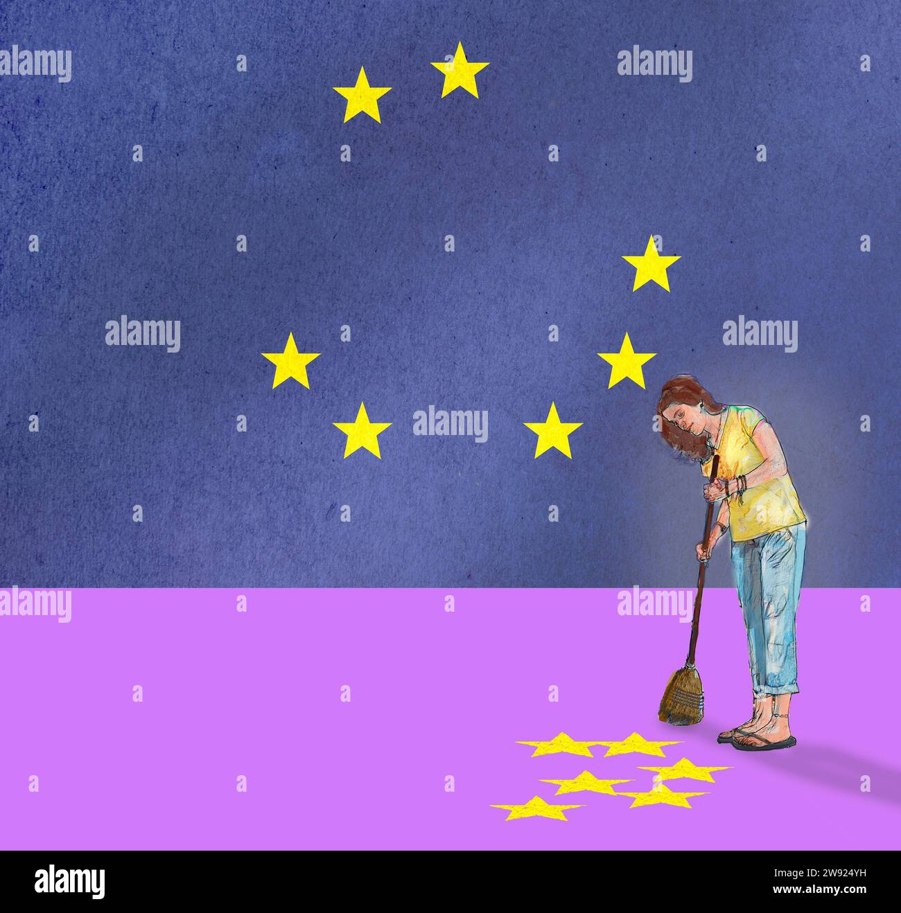 Woman sweeping up stars fallen from European Union flag Stock Photo - Alamy