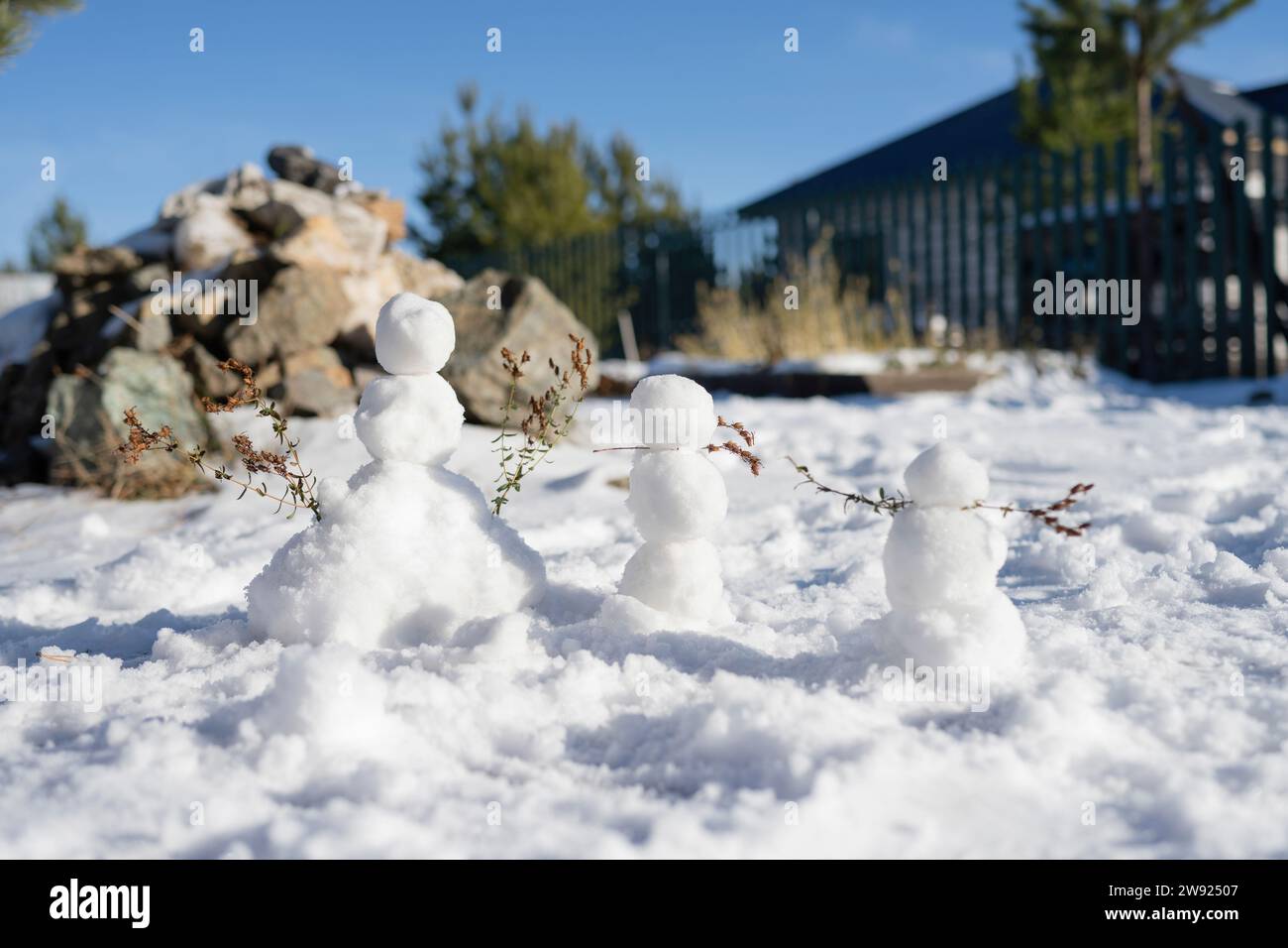 Snowmen made of snow in winter Stock Photo - Alamy