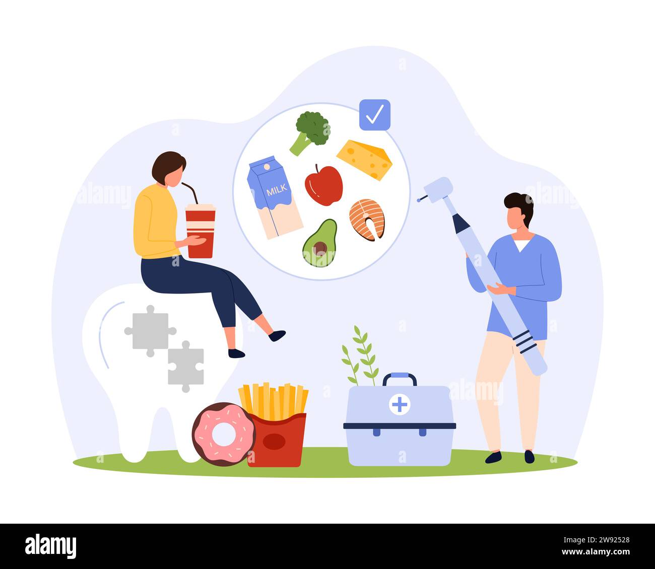 Diet and nutrition for healthy teeth. Tiny people with dental tool take ...