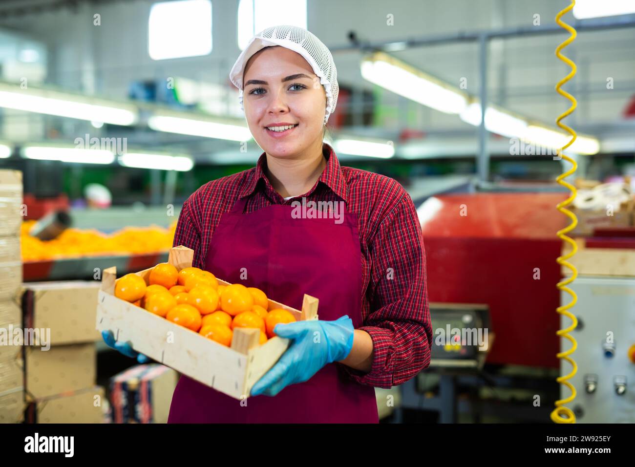 Happy female sorting factory worker showing mandarins in box Stock ...