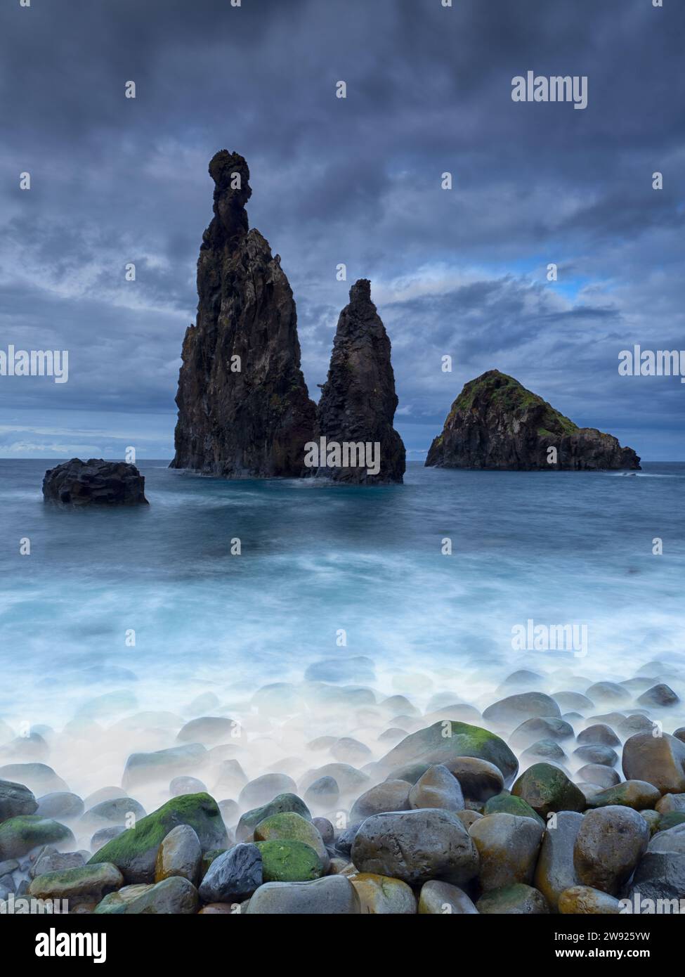 Portugal, Madeira, Ribeira da Janela, Long exposure of rocky coast and ...