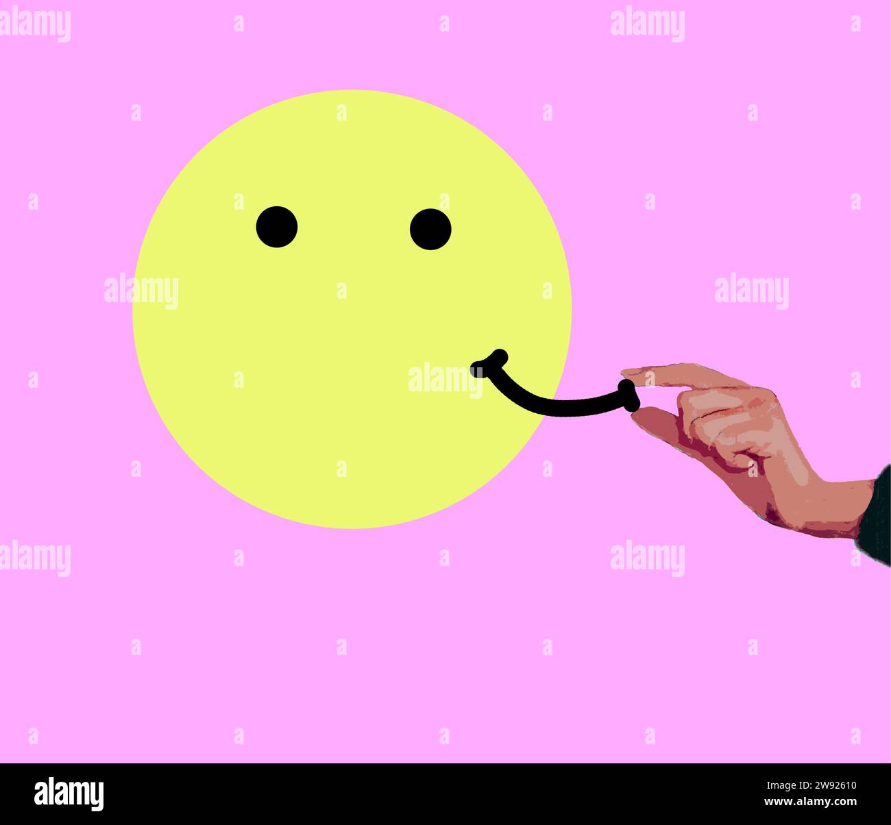 Hand placing or removing smile on anthropomorphic smiley face Stock ...