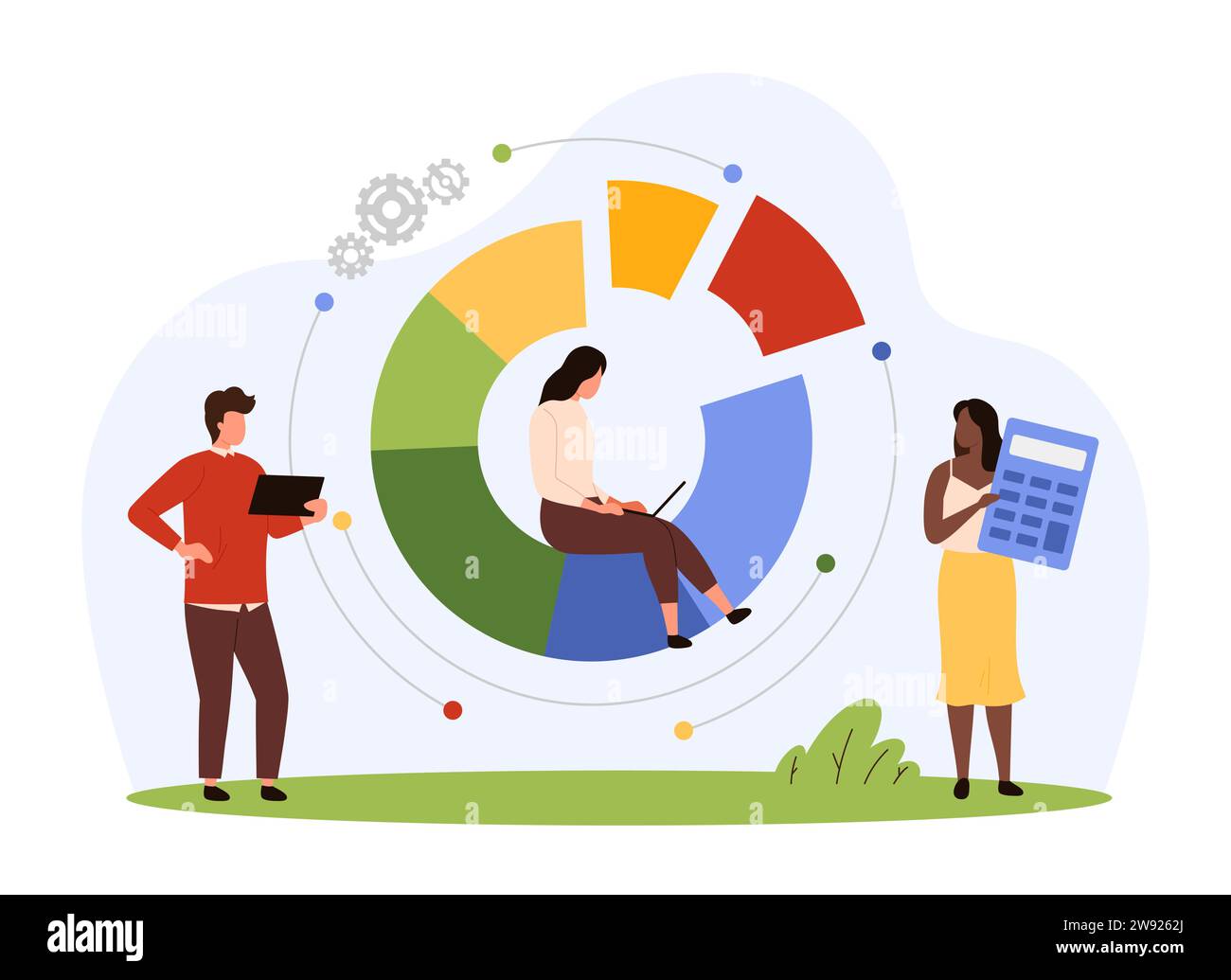 Pie chart research, infographic business presentation vector illustration. Cartoon tiny people ...