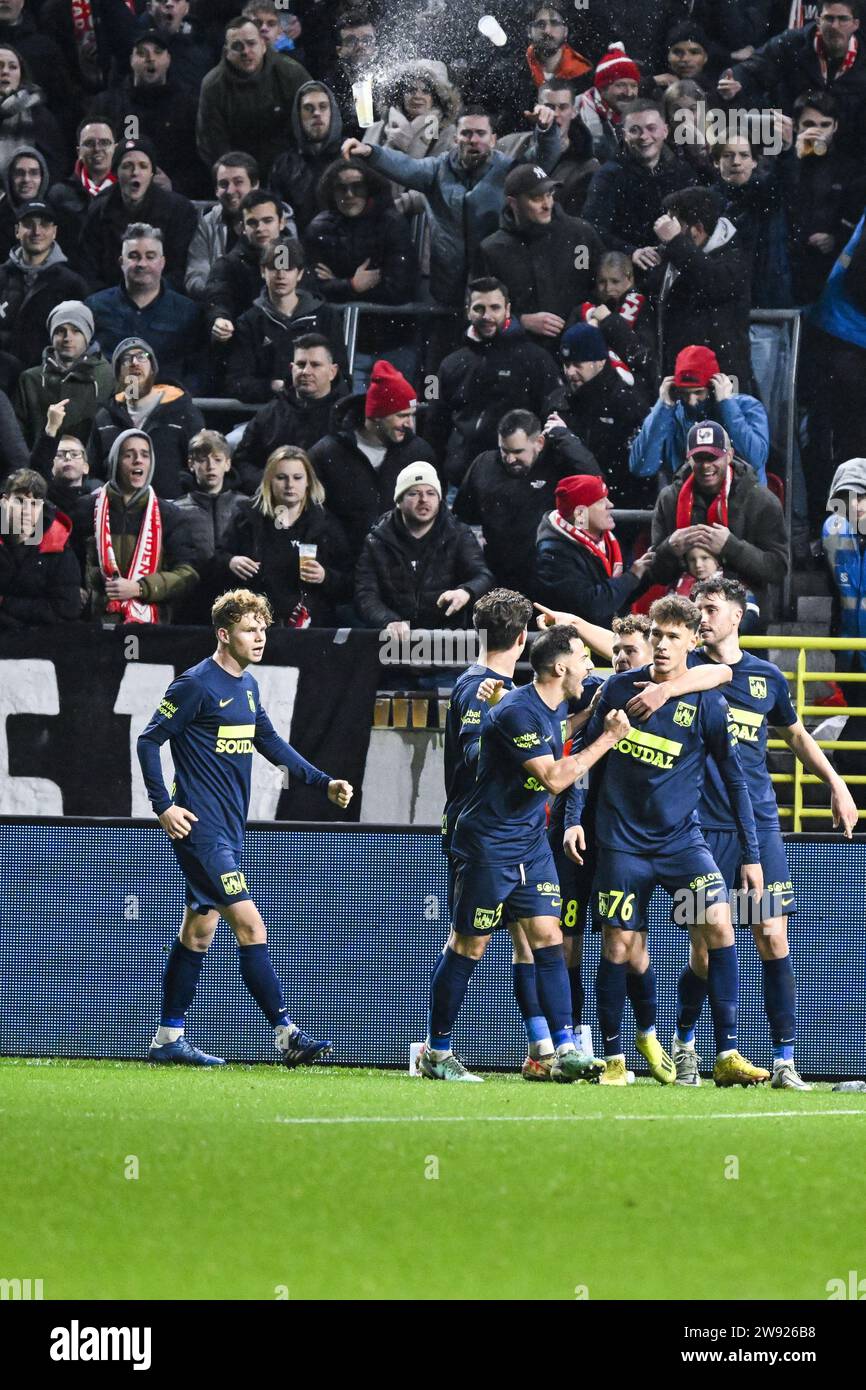 Antwerp, Belgium. 23rd Dec, 2023. Westerlo's Lucas Stassin celebrates ...