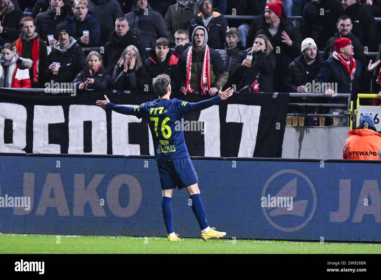 Antwerp, Belgium. 23rd Dec, 2023. Westerlo's Lucas Stassin celebrates ...
