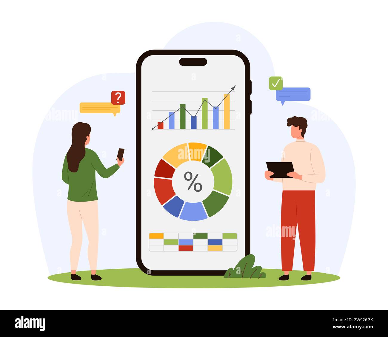 Data analysis, audit with mobile app vector illustration. Cartoon tiny people research digital ...